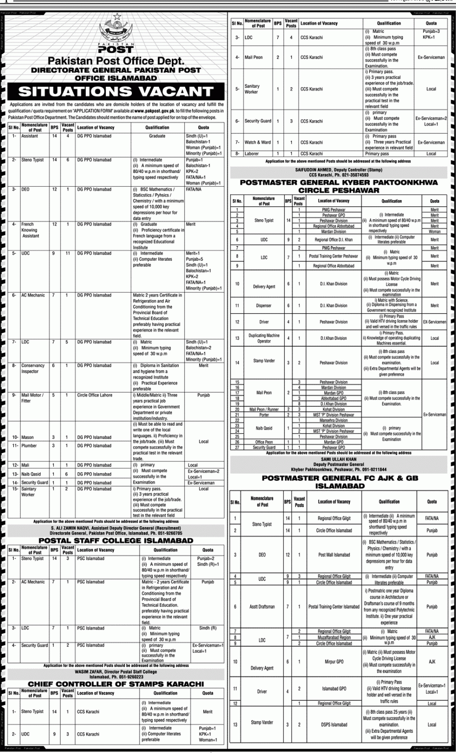 Pakistan Post Office New Jobs 2015 Karachi, Islamabad, Lahore, Peshawar ...