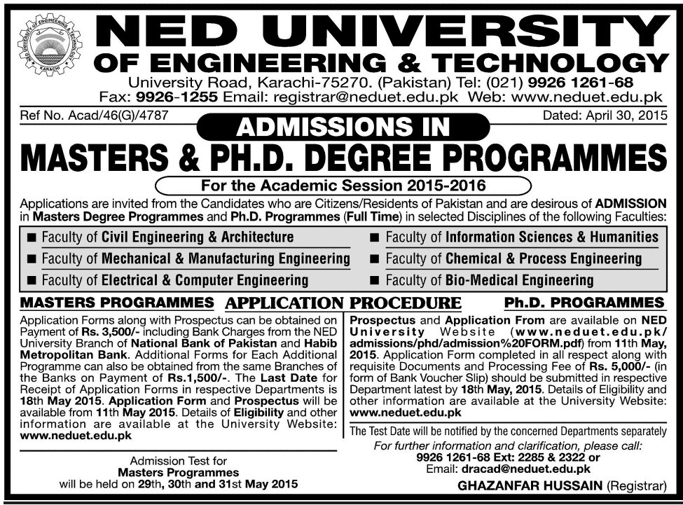 NED University of Engineering Karachi Masters Admission 2018 Form