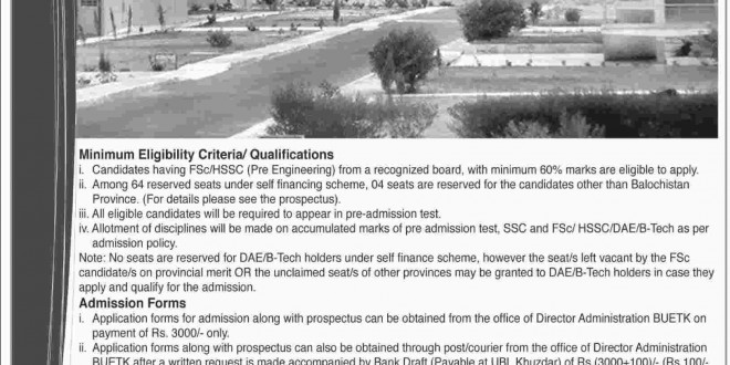 Balochistan Engineering University BUETK Undergraduate Admissions 2017