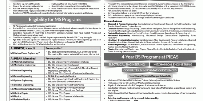 PIEAS BS, MS Admission 2017 Admission Form Date Entry Test Schedule