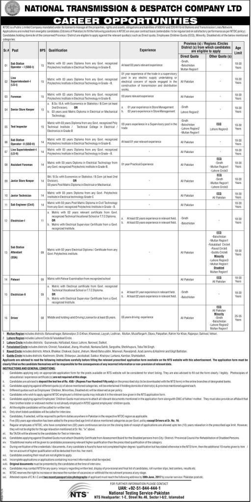 National Transmission And Despatch Company Jobs 2017 NTS Form