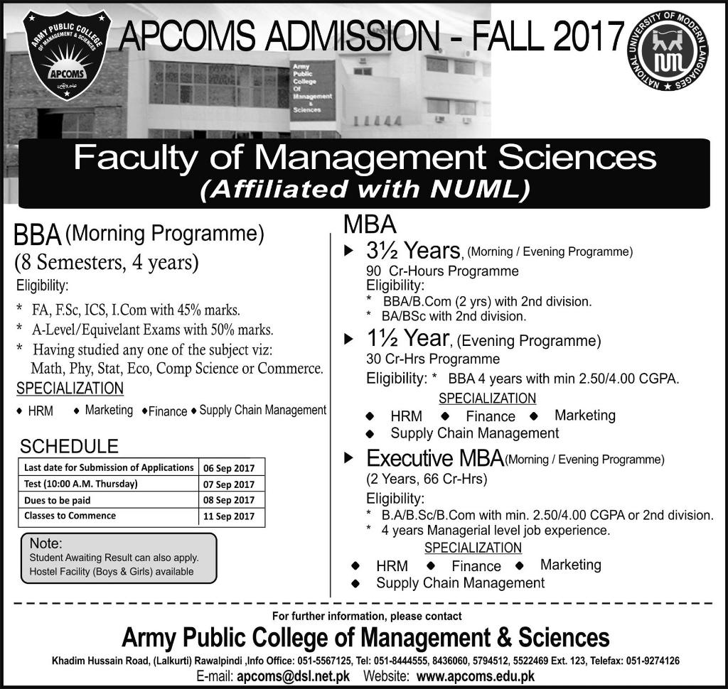 APCOMS Admissions Fall 2017 Army Public College Admission Form