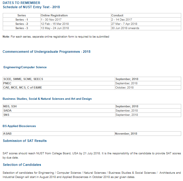 NUST Entry Test Dates For Undergraduate Admissions 2018