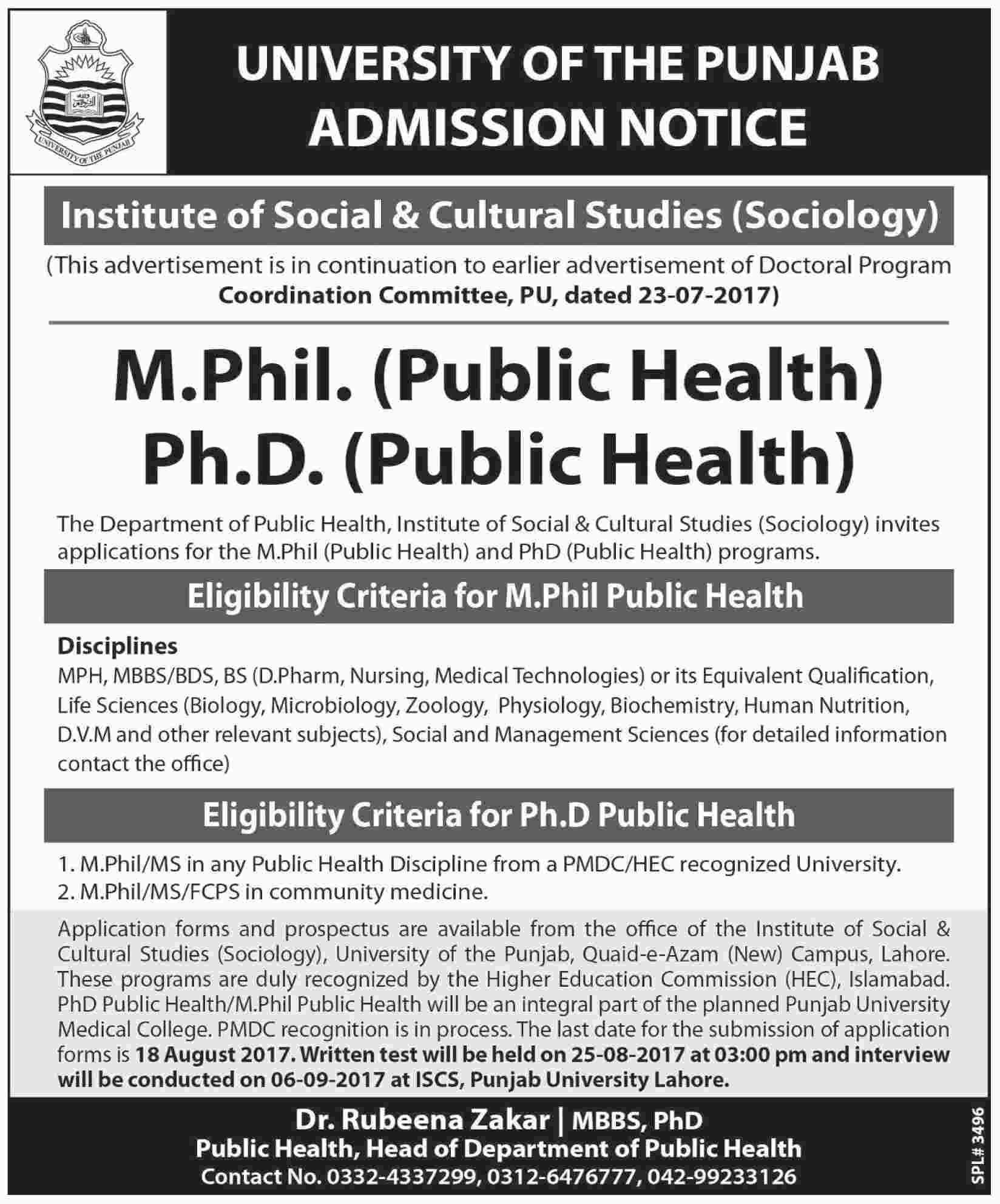 Punjab University PU MS, M.Phil, MSc, PhD Admission 2017 Merit List