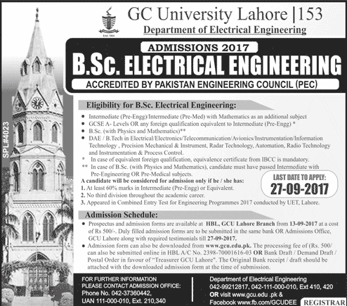 GCU Lahore BSc Electrical Engineering Admissions 2017 Form Last Date