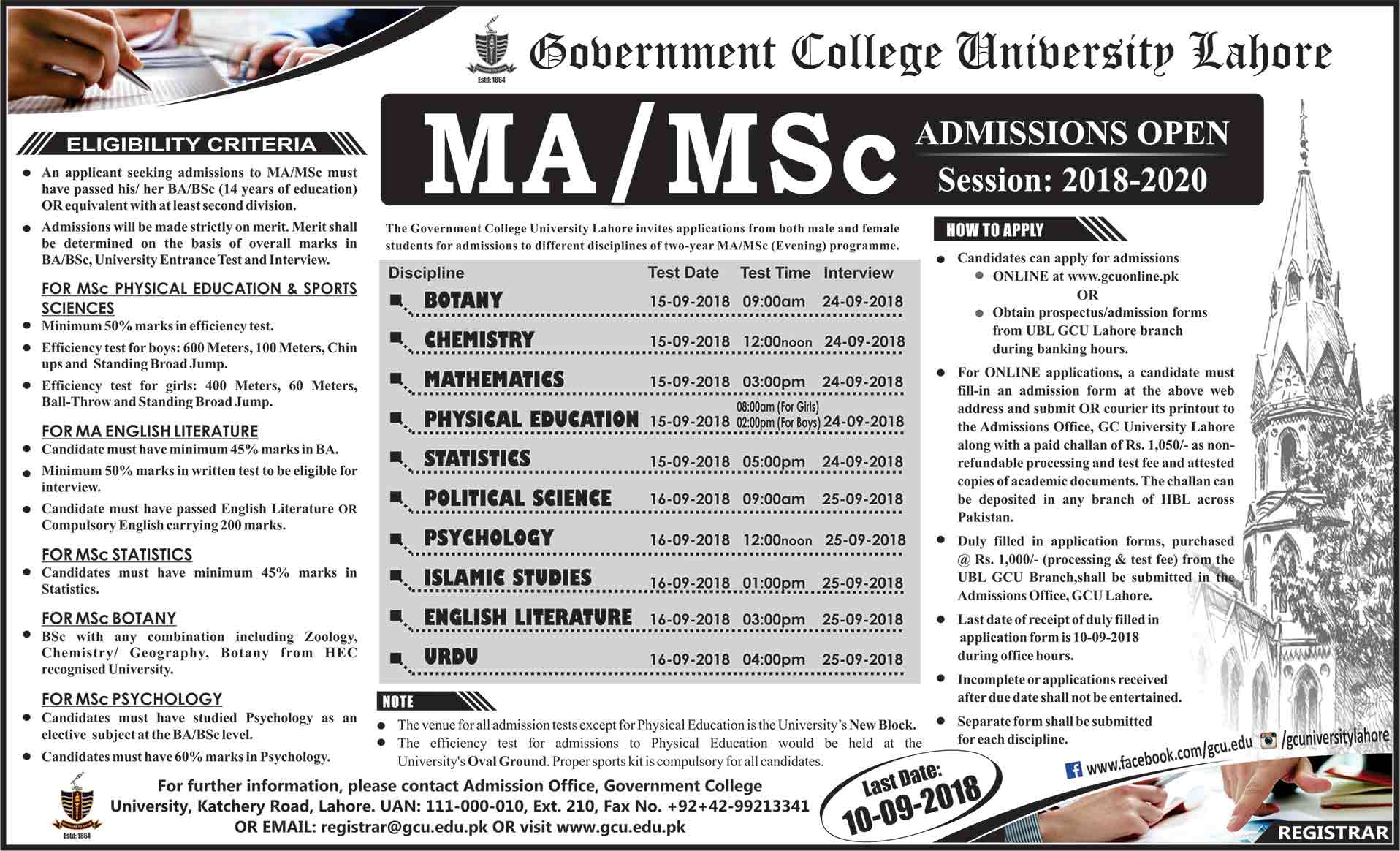 Government College GC University Lahore MA, MSC Admission 2018