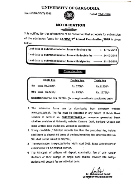 University Of Sargodha BA BSc Admission 2019 Form, Fee, Date Schedule