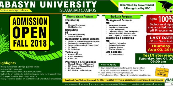 Abasyn University Islamabad Admissions 2018 Form, Last & Test Date | Talib