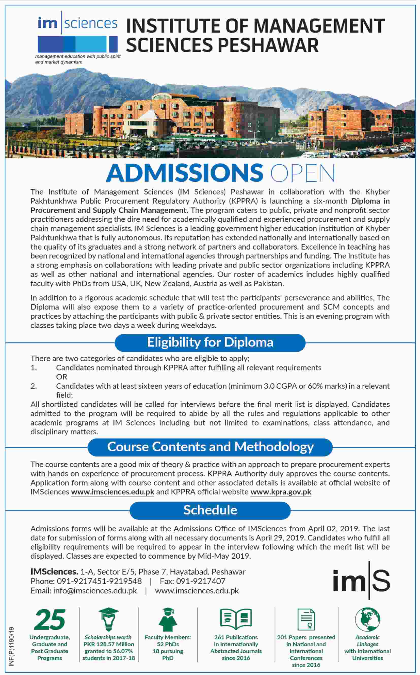IMSciences Peshawar Admission 2019 Form Last Date