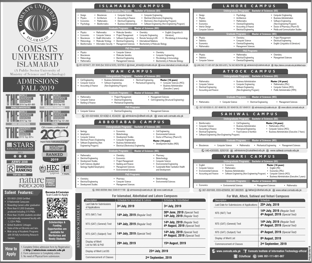 COMSATS Fall Admission 2019 Form Entry Test Schedule