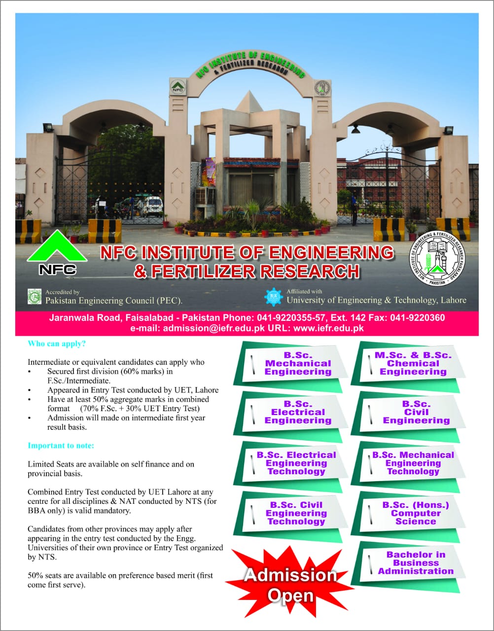 NFC Institute Of Engineering Fertilizer Research IEFR Admissions 2019 ...