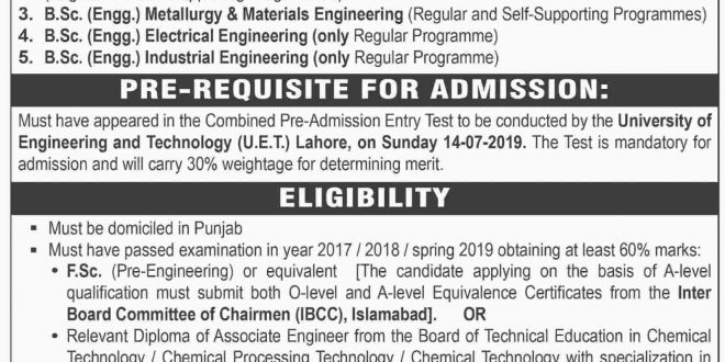 Punjab University Engineering Admission 2019 Form Last Date