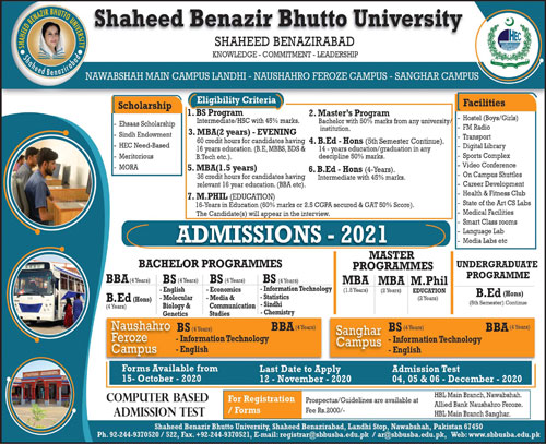Shaheed Benazir Bhutto University SBBU Admissions 2023 Test Date