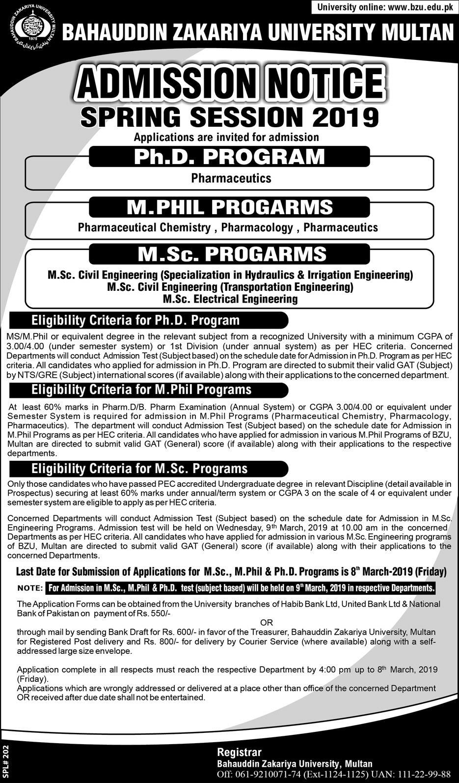 BZU Multan Postgraduate Admission 2019 PhD Mphil MSc Form