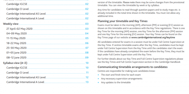 CIE Exam Timetable 2020 Pakistan O & A Level