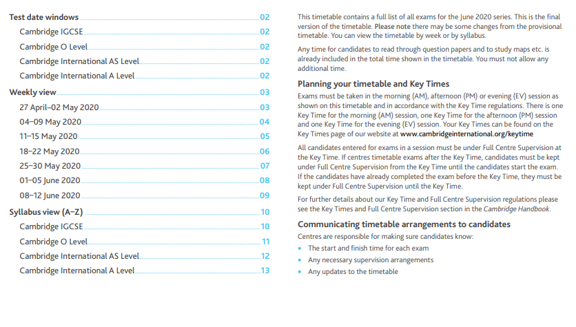 CIE Exam Timetable 2020 Pakistan O & A Level