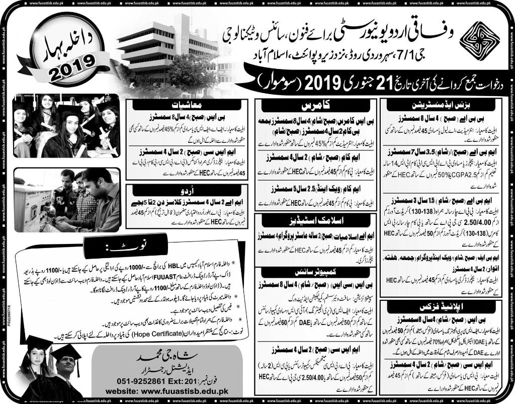 Federal Urdu University Islamabad Admission Spring 2019 Online Form ...