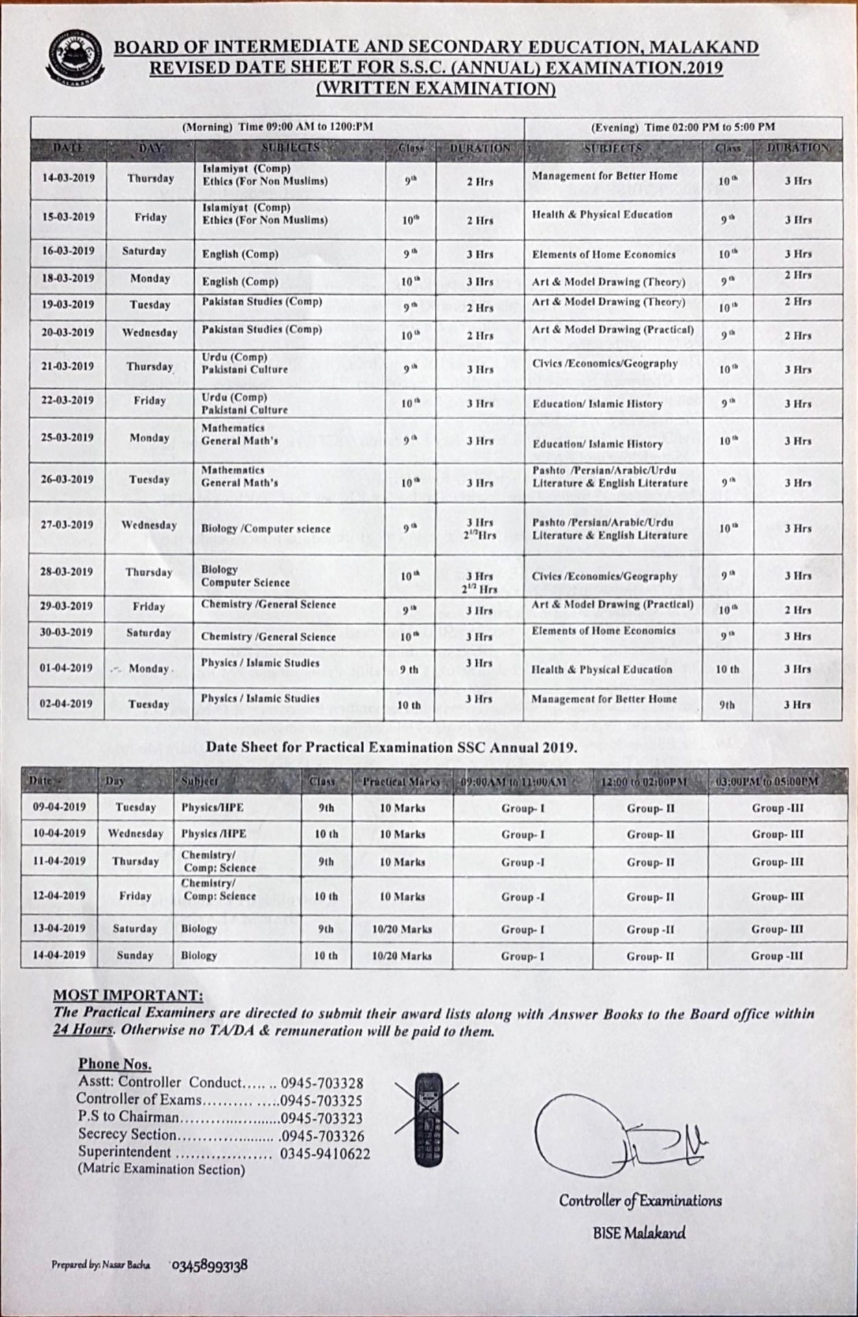 BISE Malakand Board 9th And 10th Class Date Sheet 2019 BISE Malakand Board 9th And 10th Class Date Sheet 2019