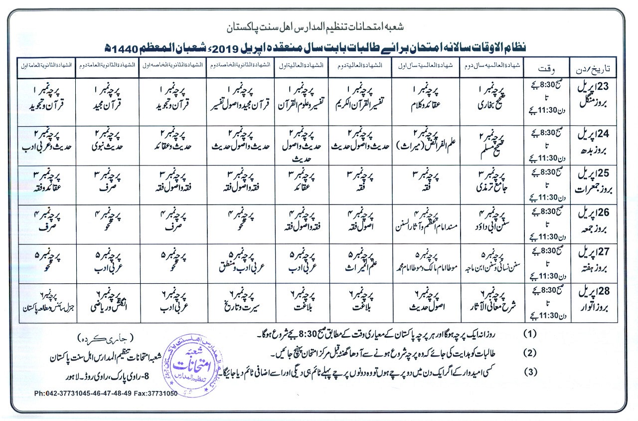 Tanzeem Ul Madaris Ahle Sunnat Pakistan Date Sheet 2019 Girls, Boys