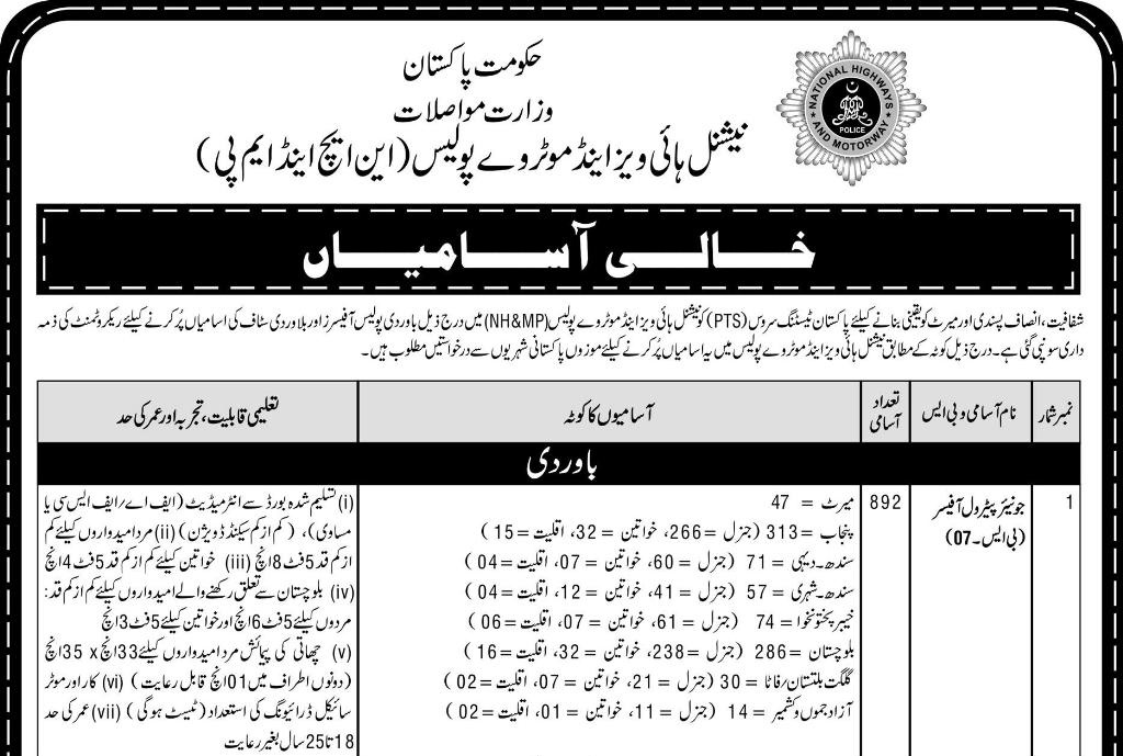 NHMP Junior Patrol Officer Jobs 2025 PTS Application Form