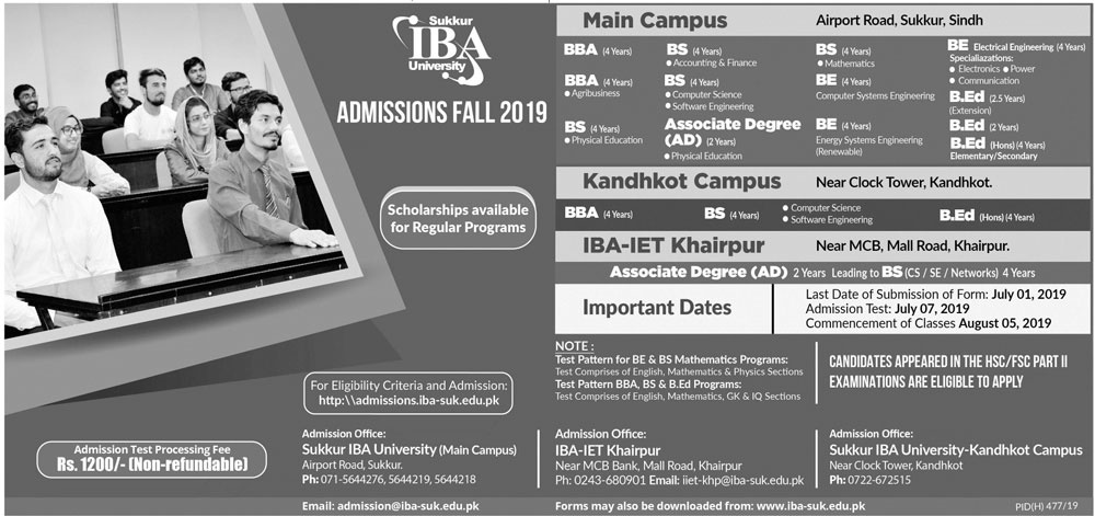 IBA Sukkur Admission Fall 2019 Form Entry Test Schedule