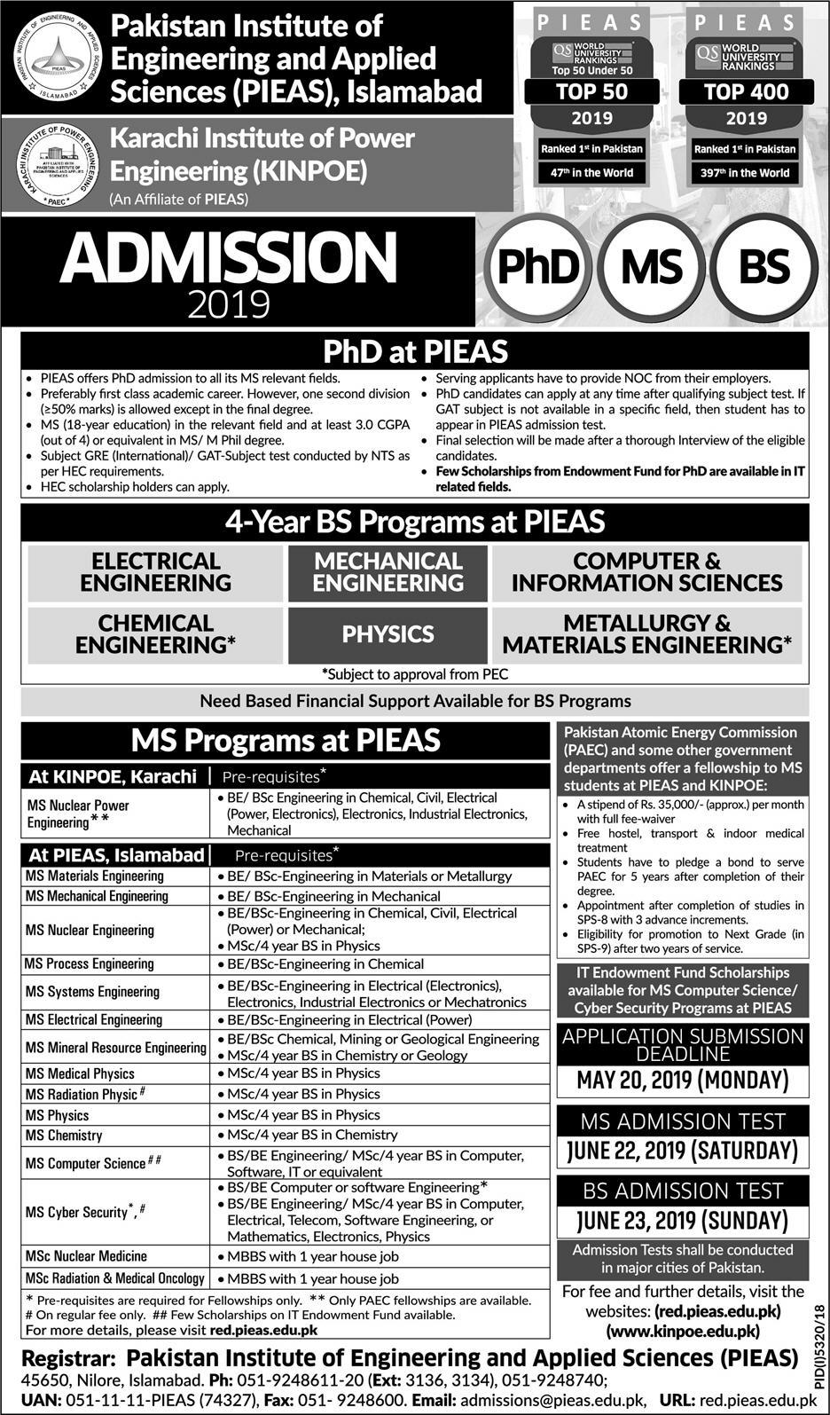 PIEAS BS, MS, PhD Admission 2019 Form Date Entry Test