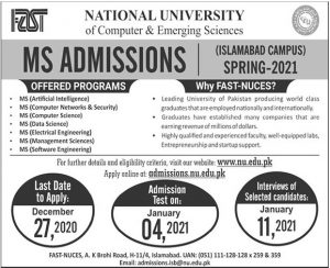 FAST University Islamabad Admissions 2021 Spring Form