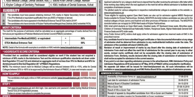 KMU Peshawar Admission 2019-20 Form Last Date