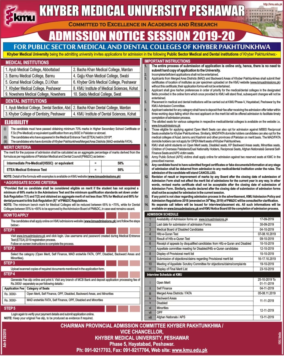 KMU Peshawar Admission 2019-20 Form Last Date