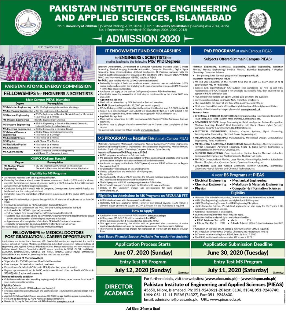 PIEAS BS, MS, PhD Admission 2021 Form Date Entry Test