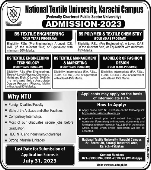 National Textile University Karachi Campus Admission 2025