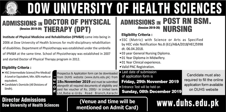Dow University MBBS, DPT Admission 2019