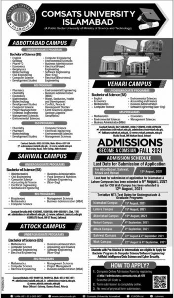 COMSATS Fall Admission 2022 Form Entry Test Schedule