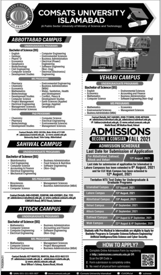 COMSATS Fall Admission 2022 Form Entry Test Schedule