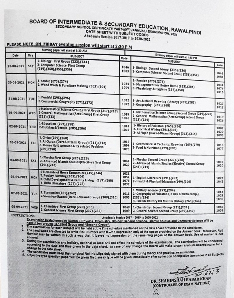 BISE Rawalpindi Board 9th Class Date Sheet 2023 BISE Rawalpindi Board 9th Class Date Sheet 2023