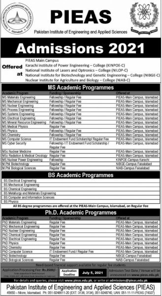 PIEAS BS, MS, PhD Admission 2022 Form Date Entry Test