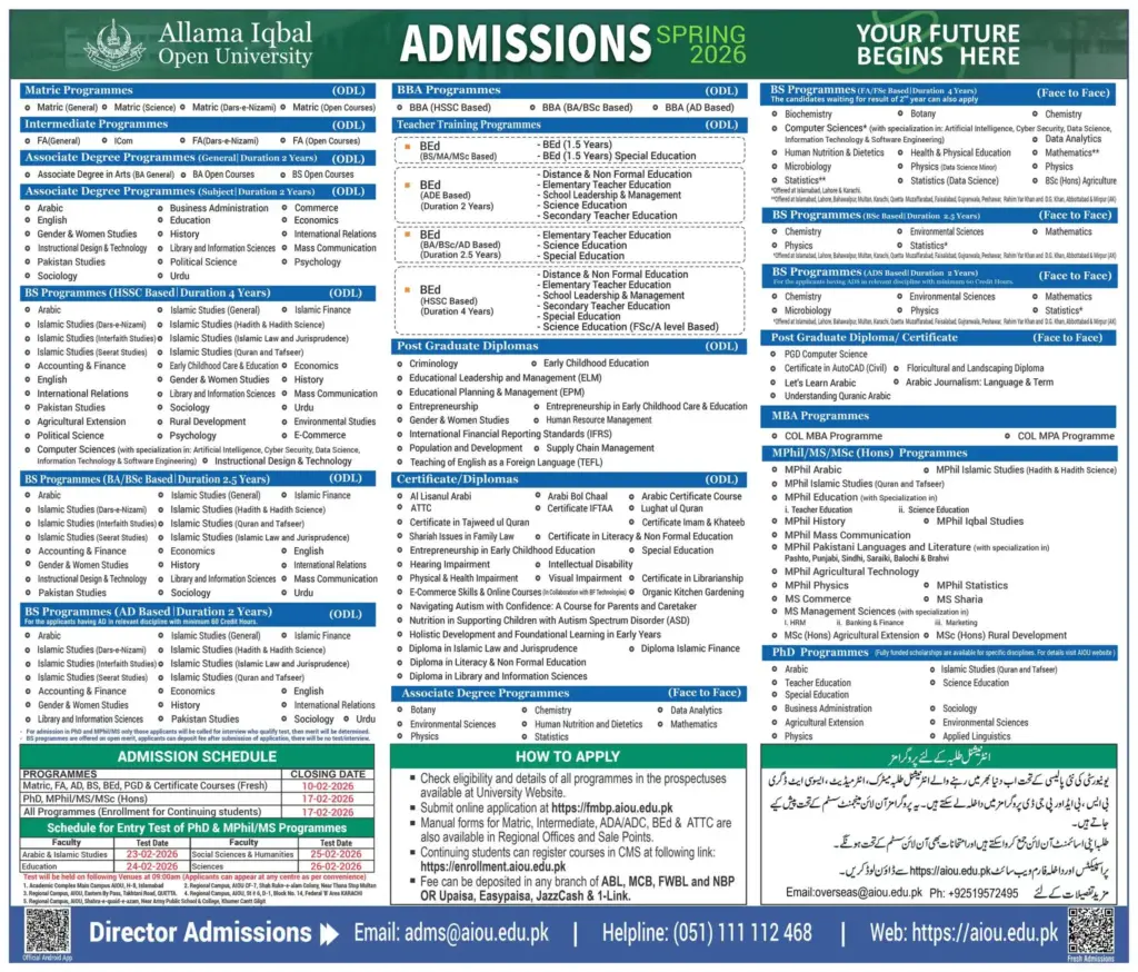 Aiou Admission 2026 Apply Online & Last Date